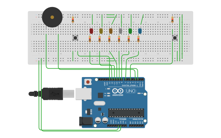 Circuit design Arduino led , pot , pusadores | Tinkercad