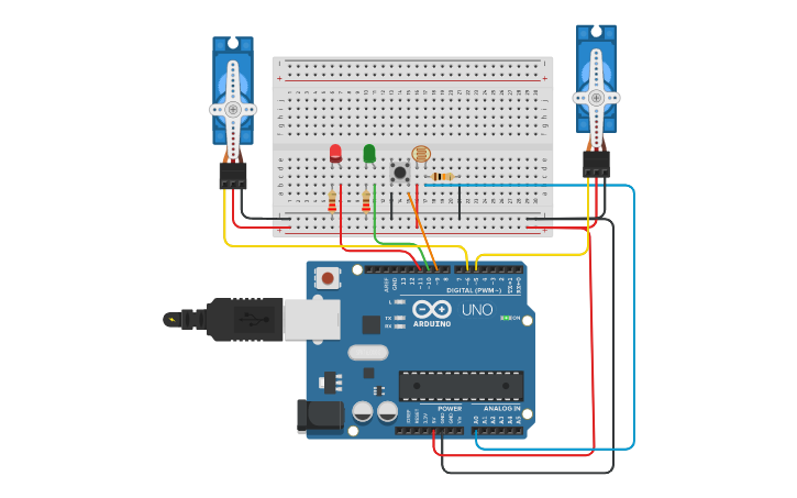 Circuit design FOTORRESISTENCIA CON SERVOS Y LEDS | Tinkercad