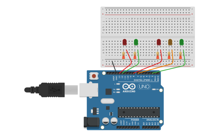 Circuit design Arduino 4: semáforo coches y peatones - Tinkercad