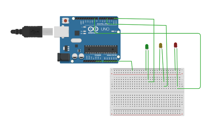 Circuit design LED red green yellow - Tinkercad