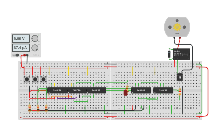 Circuit design Compuertas logicas Motor Con Relé, y luz - Tinkercad