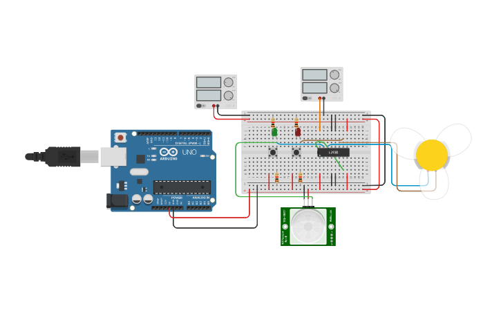 Circuit design Fan system with PIR sensor - Tinkercad