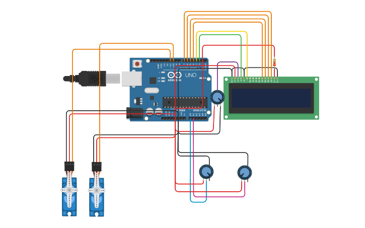 Circuit design Robotic arm with joystick - Tinkercad