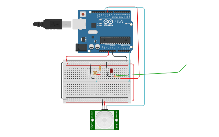 Circuit design Sensor de presença e luz - Tinkercad