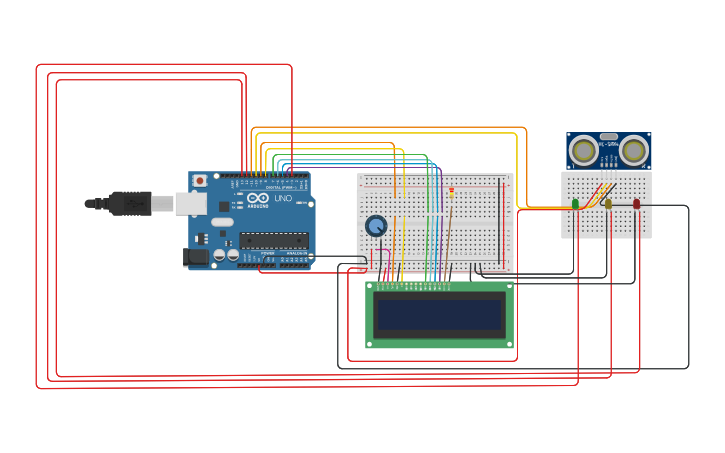 Circuit design sensor Jarak dan LCD - Tinkercad