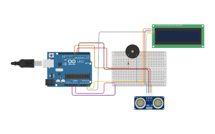 Circuit design Ultrasonic sensor with lcd and buzzer - Tinkercad