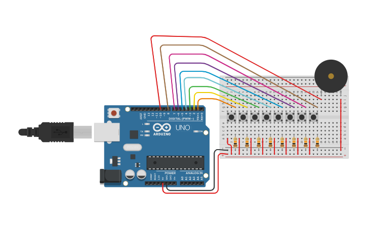 Circuit design piano buzzer | Tinkercad