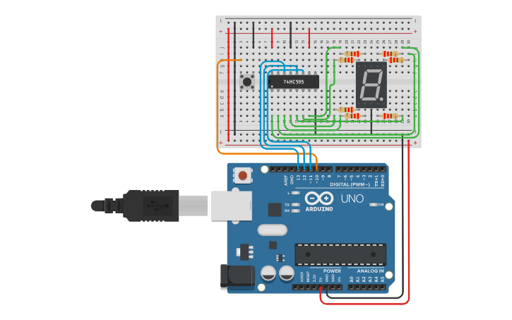 Circuit design 8-bit shift register - Tinkercad