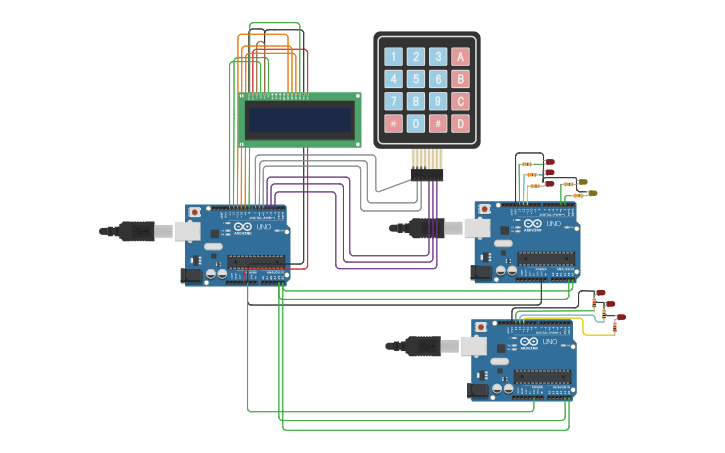 Circuit design 3 Arduinos I2C connected - Tinkercad Circuit design 3 Arduinos I2C connected - Tinkercad