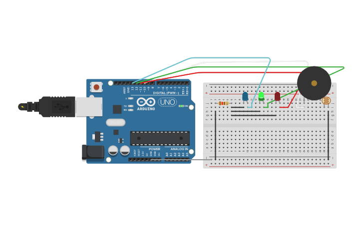 Circuit design Arduino examen con sensores | Tinkercad