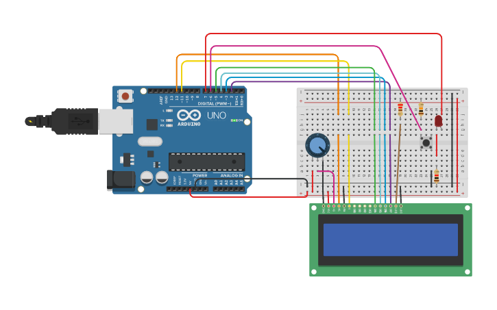Circuit design LCD LED Push Button - Tinkercad