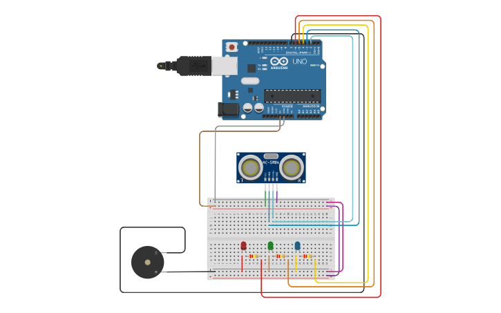 Circuit Design Ultrasonic Sensor With Led And Buzzer Tinkercad