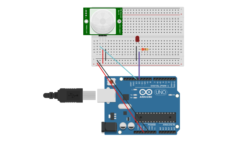 Circuit design Motion sensor light - Tinkercad