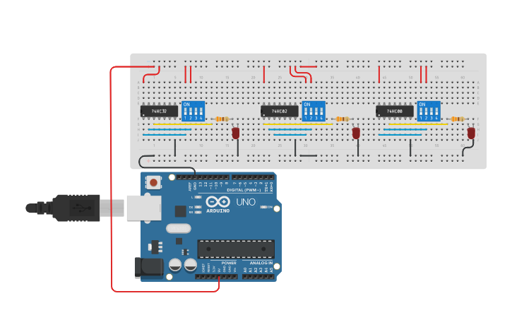 Circuit design Compuertas Logicas OR - NOR - NAND con integrados - Tinkercad