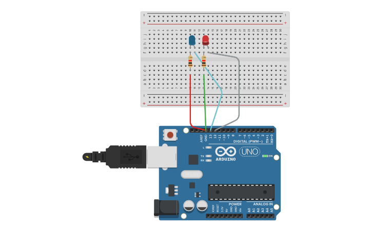 Circuit design Simulação 2 leds | Tinkercad