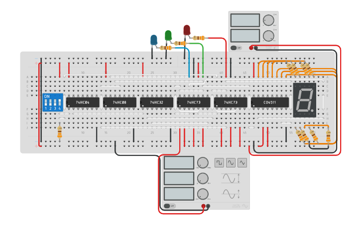 Circuit design FLIPFLOP 7 SEGMENTS ODD AND EVEN CEBALLO | Tinkercad