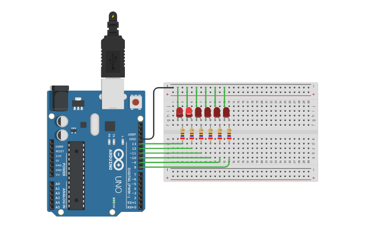 Circuit design 6 LED Night Rider Pattern with arrays | Tinkercad