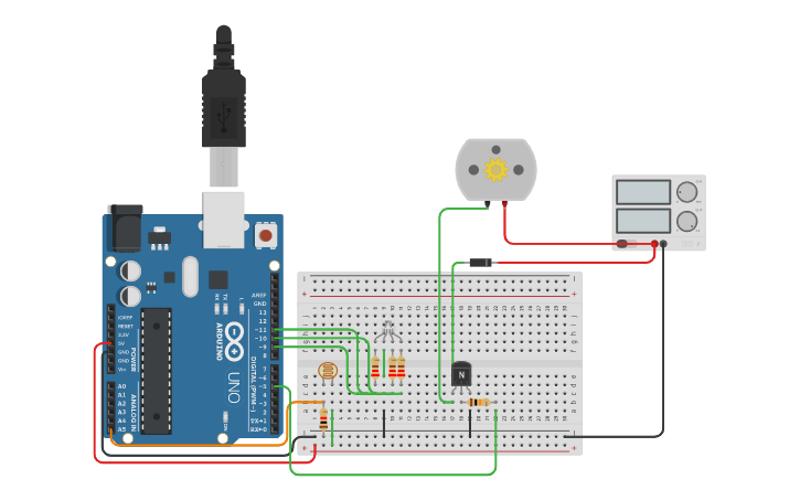 Circuit design Sensor LDR + Led RGB + Motor PWM - Tinkercad