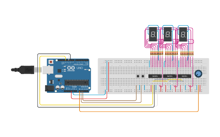 Circuit design Encoder 3x74HC595 3x7Segment 2xKeys | Tinkercad