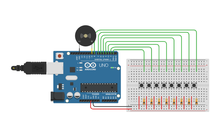 Circuit design Electric Piano Keyboard [block code] - Tinkercad