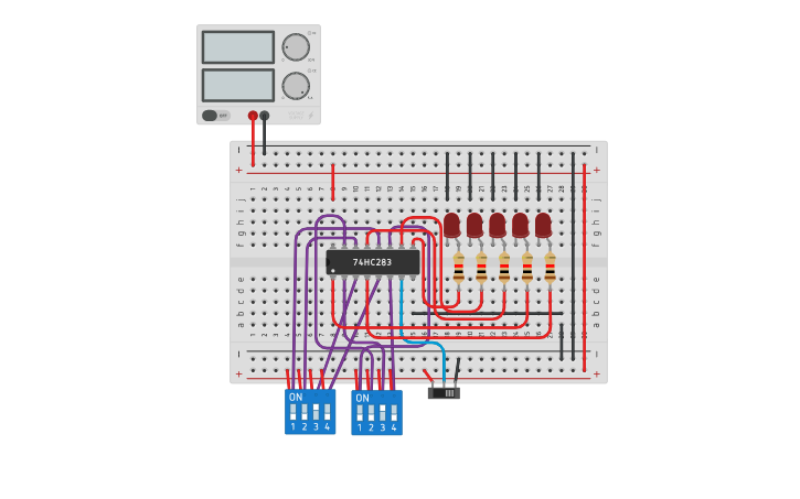 Circuit design Experiência - Somador de 4 Bits - Tinkercad Circuit design Experiência - Somador de 4 Bits - Tinkercad