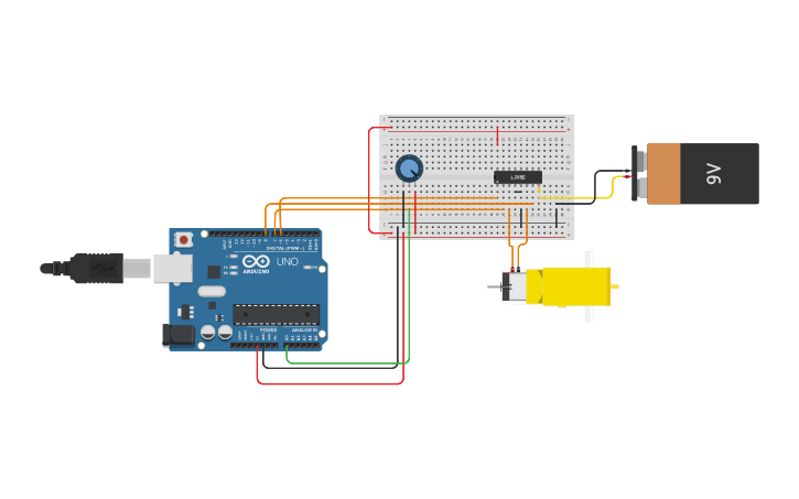 Circuit design Motor DC y uso del Módulo L298N - Tinkercad