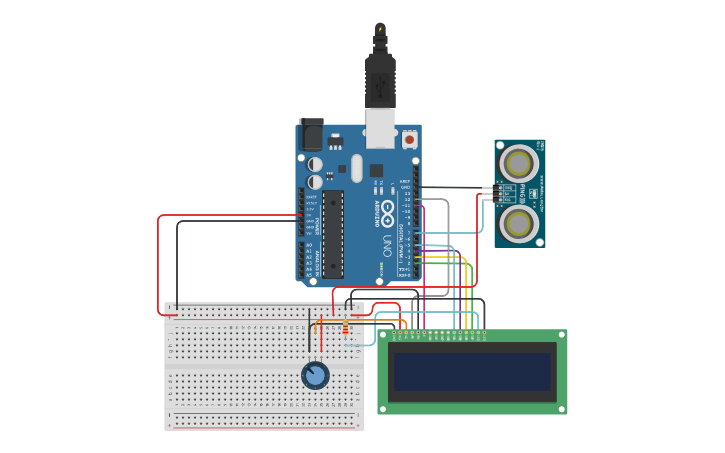 Circuit design lcd dan ultrasonik - Tinkercad