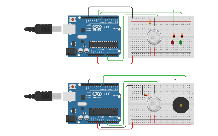 Circuit design Gas Sensor dengan LED dan Buzzer - Tinkercad