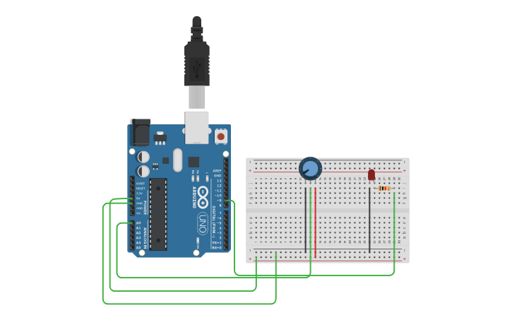 Circuit design Control LED Brightness using Potentiometer - Tinkercad