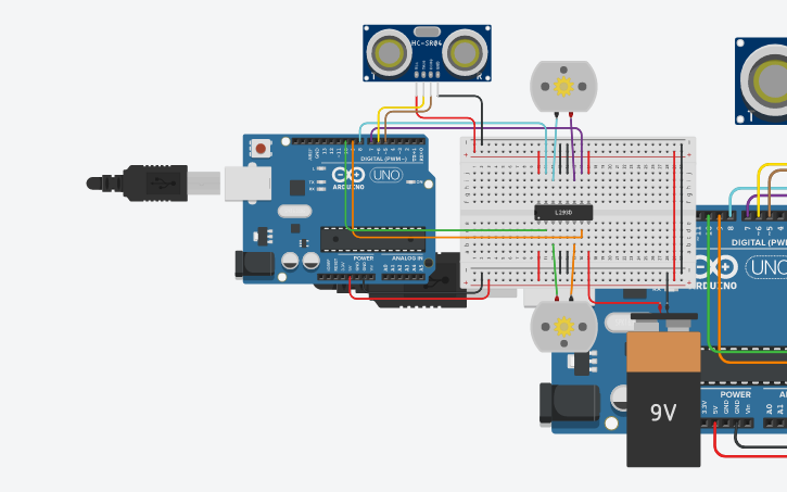 Circuit design Control de motores con puente H y HC-SR04 | Tinkercad
