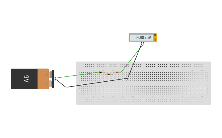 Circuit design 7. medir INTENSIDAD DE circuito con 3 Resistencias en serie - Tinkercad