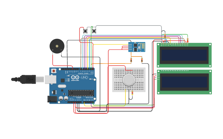 Circuit design Gas Sensor with buzzer lcd and timer - Tinkercad