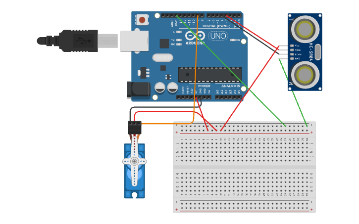 Circuit design Arduino with servo and ultrasonic sensor - Tinkercad