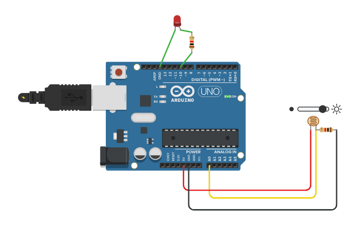 Circuit design Sensor LDR + Led | Tinkercad