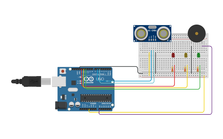Circuit design sensor de distancia con sonido - Tinkercad