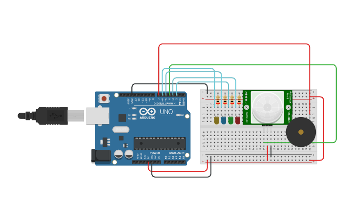 Circuit design Alarma con sensor PIR | Tinkercad