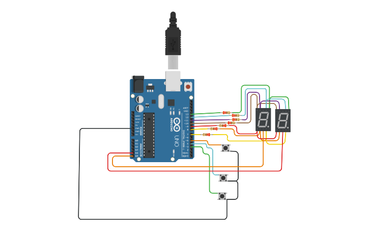 Circuit design led 7 segmentos 0 al 99 - Tinkercad