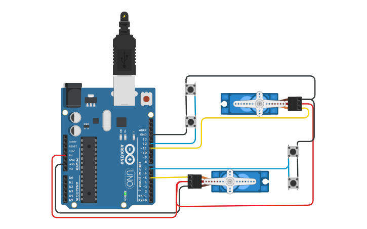 Circuit design Two Buttons per Servo - Tinkercad