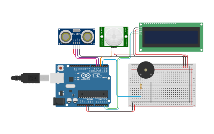 Circuit design Ultrasonic Sensor and PIR Sensor - Tinkercad