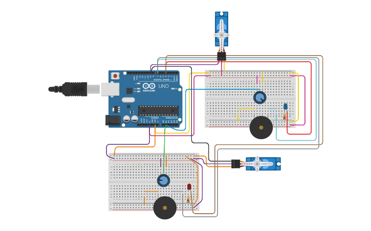 Circuit design arduino, servo, piezo,led,temp,grupo9 | Tinkercad