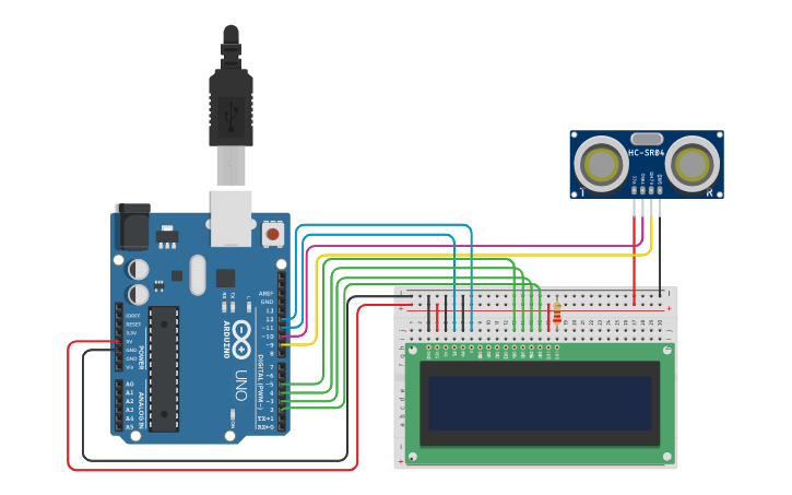 Circuit design Practica 6 Sensor Ultrasonico + LCD - Tinkercad Circuit design Practica 6 Sensor Ultrasonico + LCD - Tinkercad