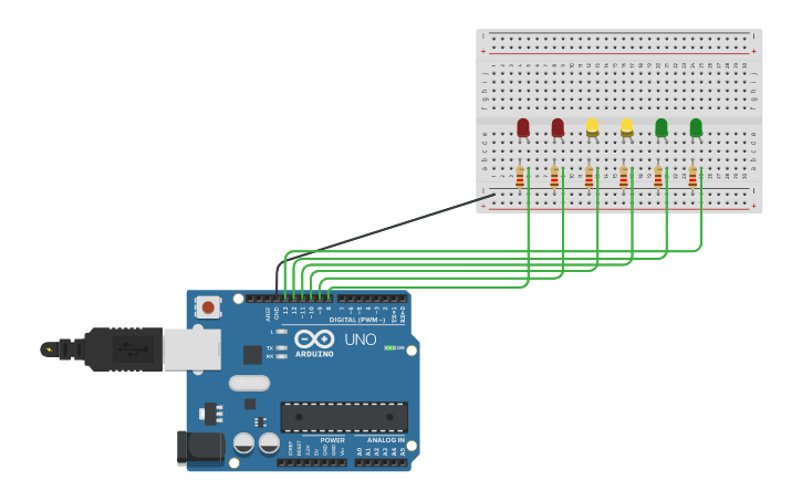 Circuit design Copy of Secuencia de tres leds - Tinkercad Circuit design Copy of Secuencia de tres leds - Tinkercad