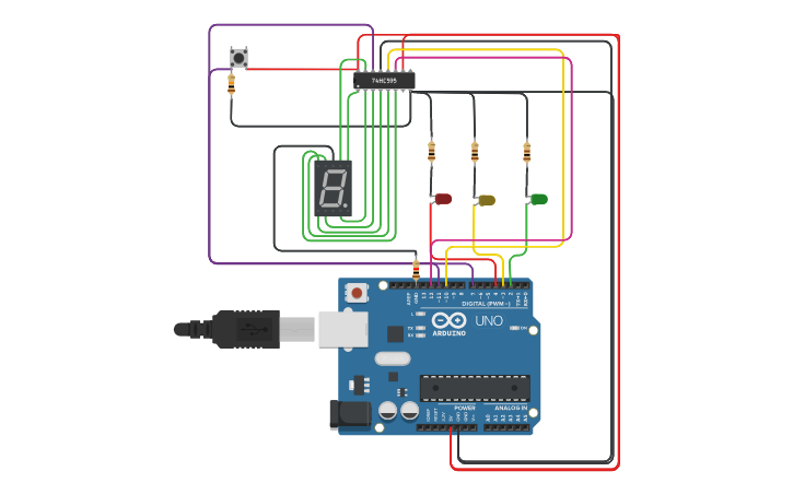 Circuit design Semaforo con Display de 7 segmentos - Tinkercad