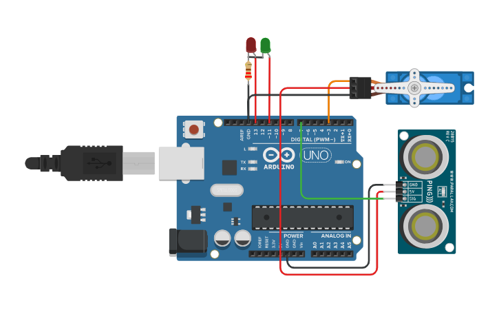 Circuit design Ultrasonic Sensor and Servo motor - Tinkercad