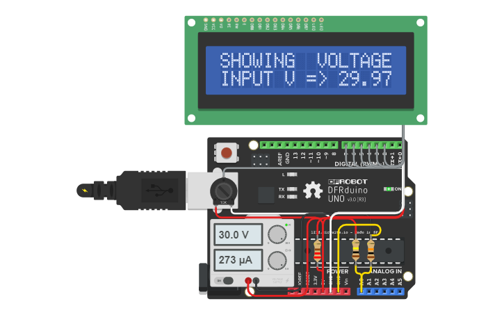 Circuit design LCD DISPLAY SHOWING VOLTAGE | Tinkercad