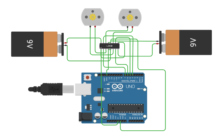 Circuit design L298 with ext supply - Tinkercad