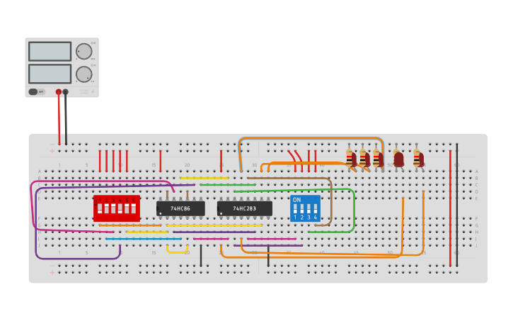 Circuit design 4 bit binary adder - Tinkercad