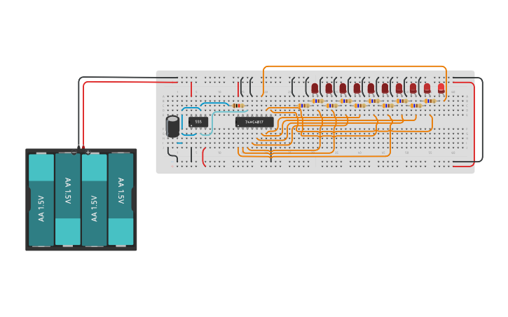 Circuit Design Бегущий огонёк Ne555 Tinkercad