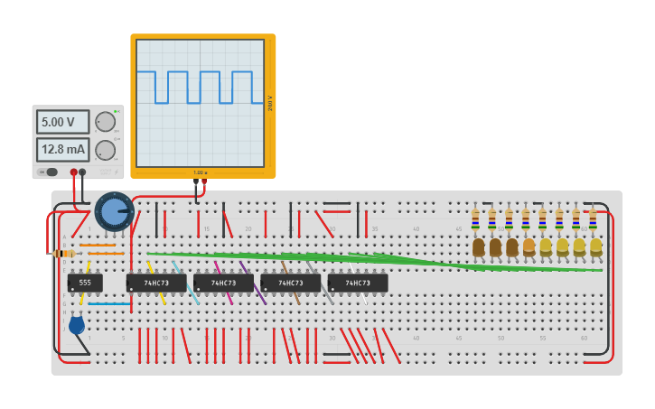 Circuit design 8-Bit Counter Using J-K Flip Flops and 555 Timer - Tinkercad