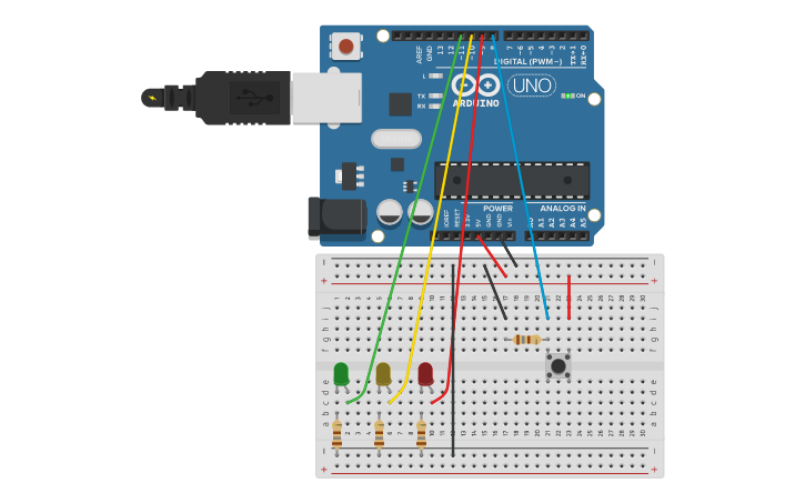 Circuit design SEMAFORO CON PULSADOR - Tinkercad Circuit design SEMAFORO CON PULSADOR - Tinkercad